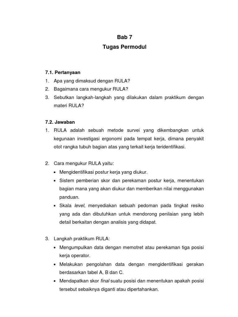RULA (Rapid Upper Limb Assessment) - Bab 7 Tugas Permodul - Modul 5 ...