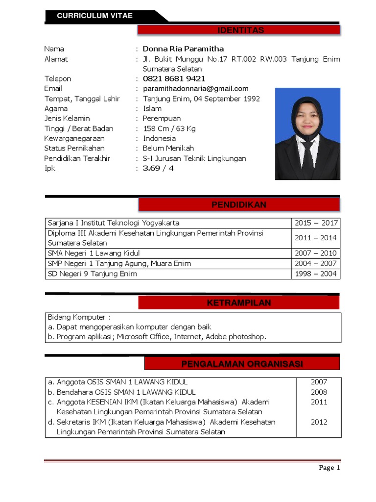 CV Donna Ria Paramitha - Teknik Lingkungan | PDF | Karier & Perkembangan | Kesehatan Holistik