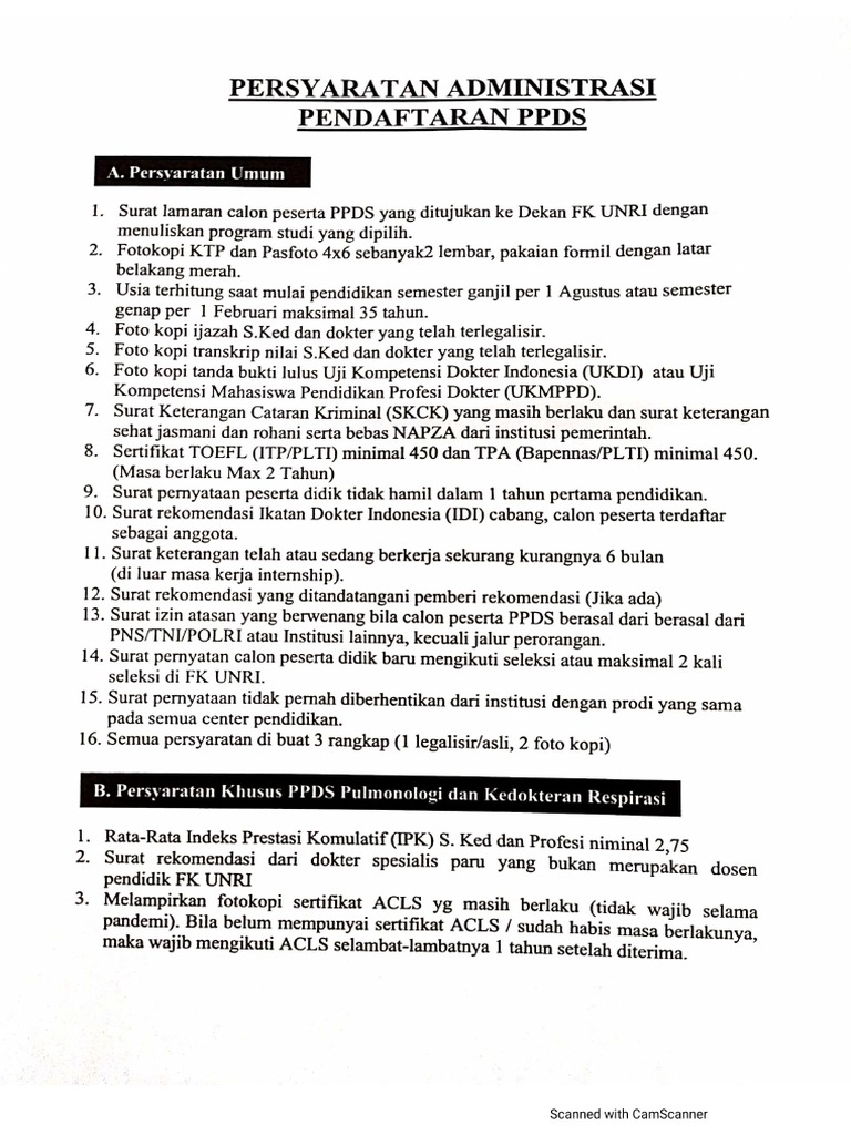 Persyaratan Administrasi Pendaftaran PPDS FK UNRI | PDF