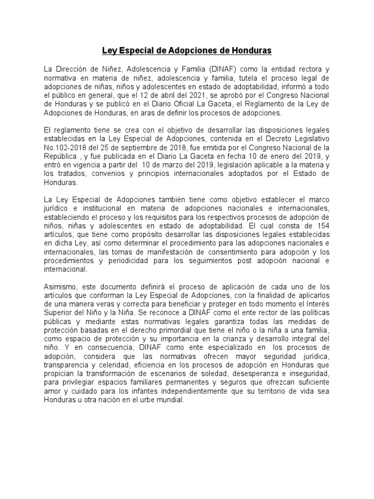 Ley Especial de Adopciones de Honduras | PDF | Adopción | Familia