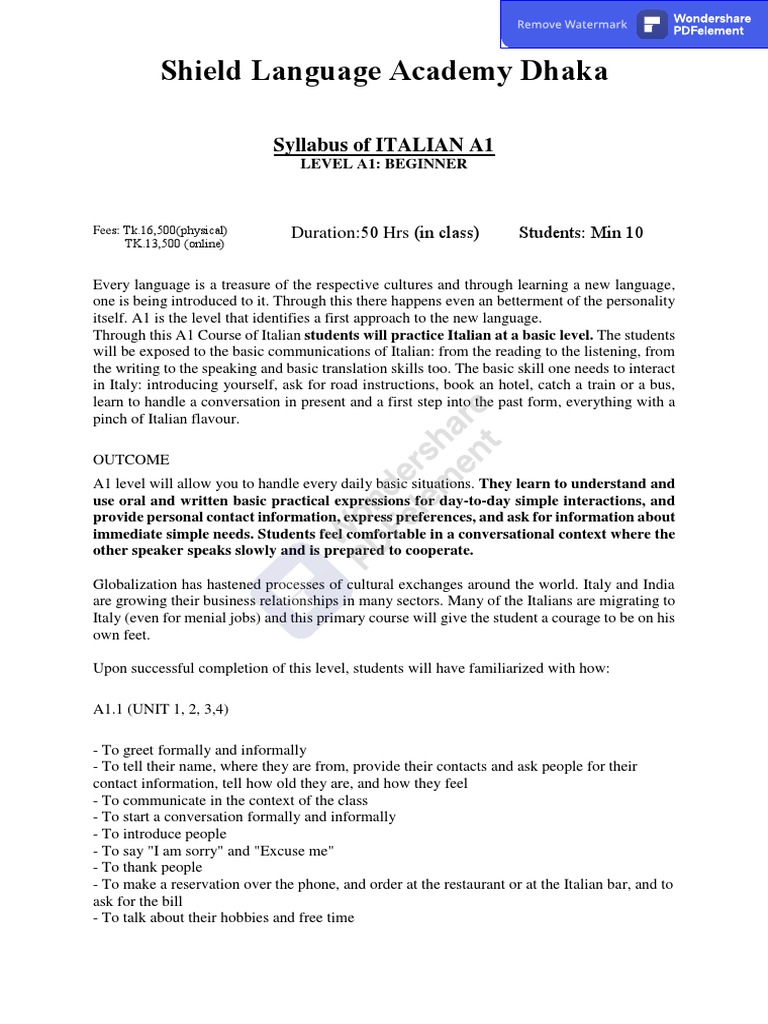 Italian A1 Course Syllabus Overview | PDF | Grammatical Number ...