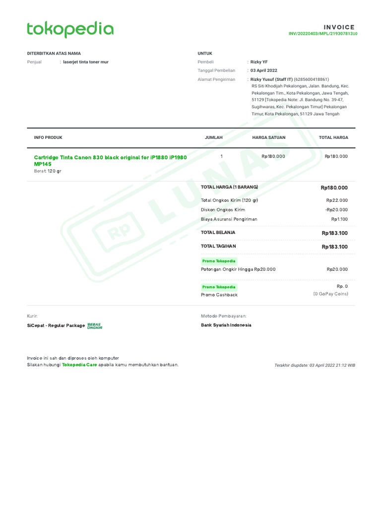 Invoice Pembelian Tinta Canon di Tokopedia | PDF
