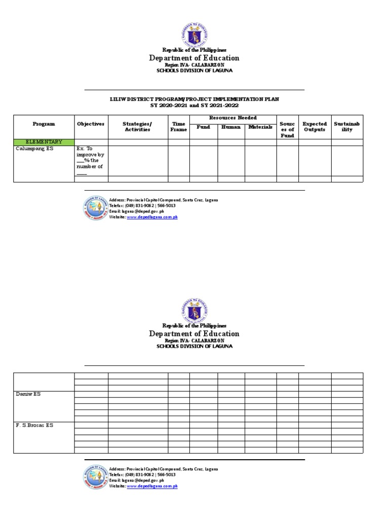 Liliw District Program Implementation Plan | PDF | Education Theory ...
