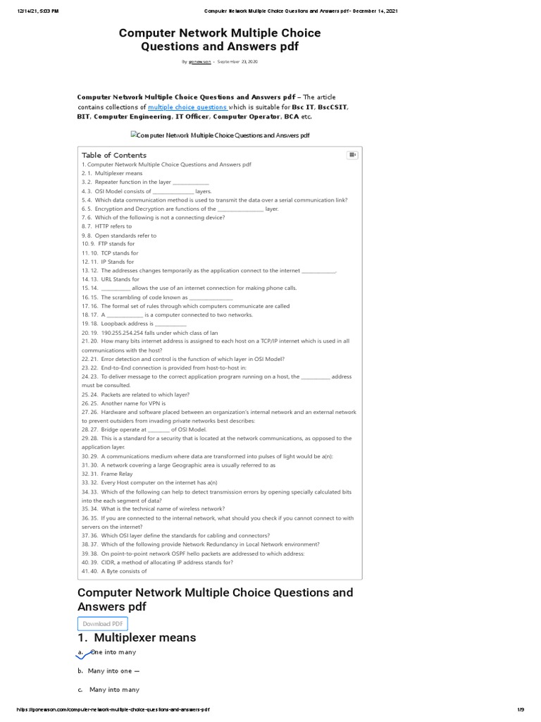 Computer Network Multiple Choice Questions and Answers PDF - December ...