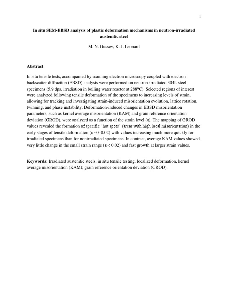 In Situ SEM-EBSD Analysis of Plastic Deformation Mechanisms in Neutron ...
