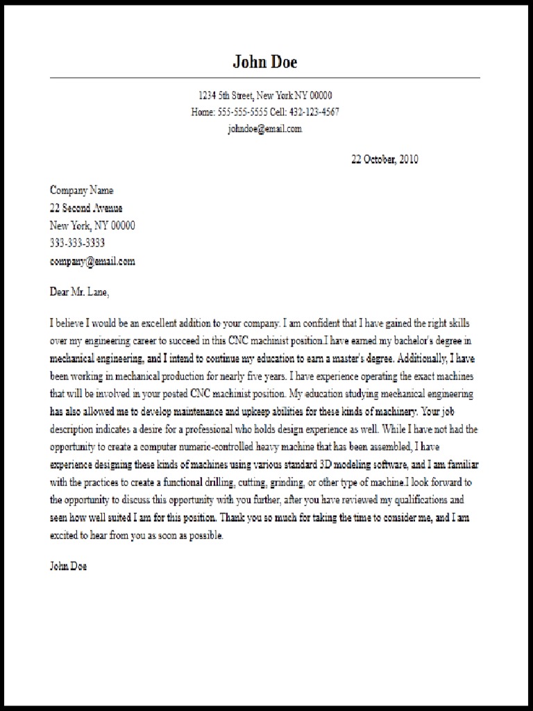 CNC Machinist Cover Letter Sample Writing Guide | PDF