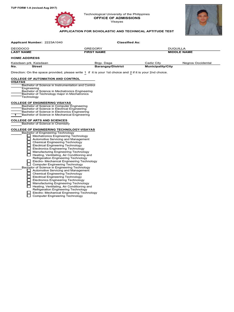 TUP Form 1-A Application for Admission Exam | PDF | Engineering ...