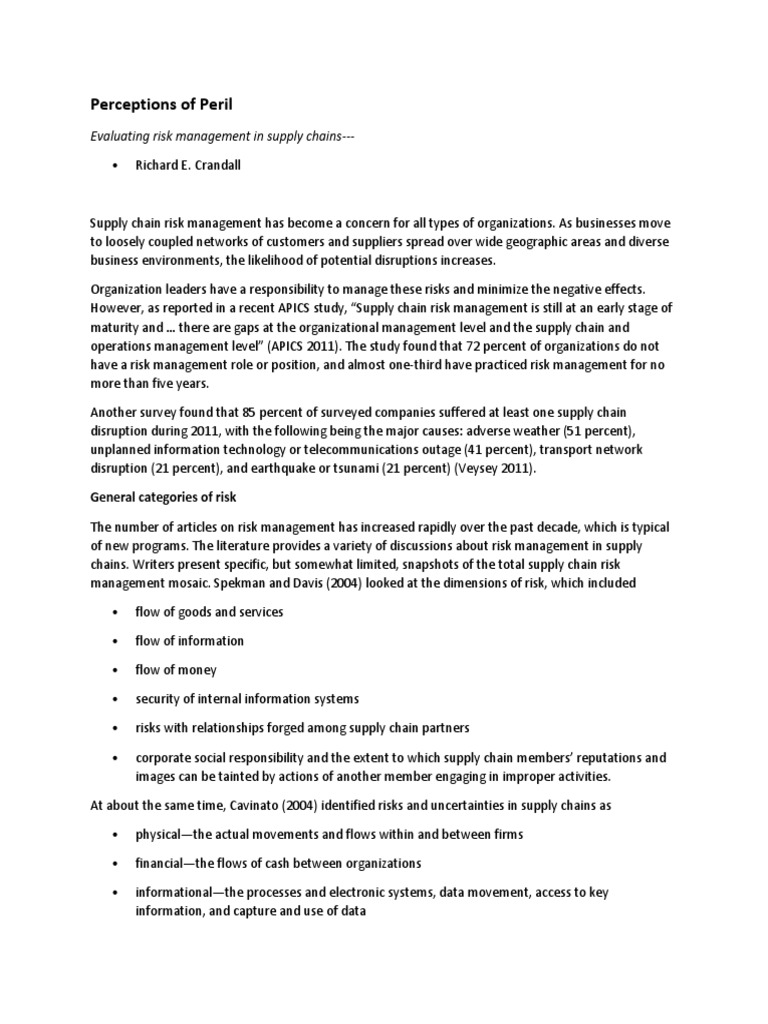 Perceptions of Peril: Evaluating Risk Management in Supply Chains | PDF ...
