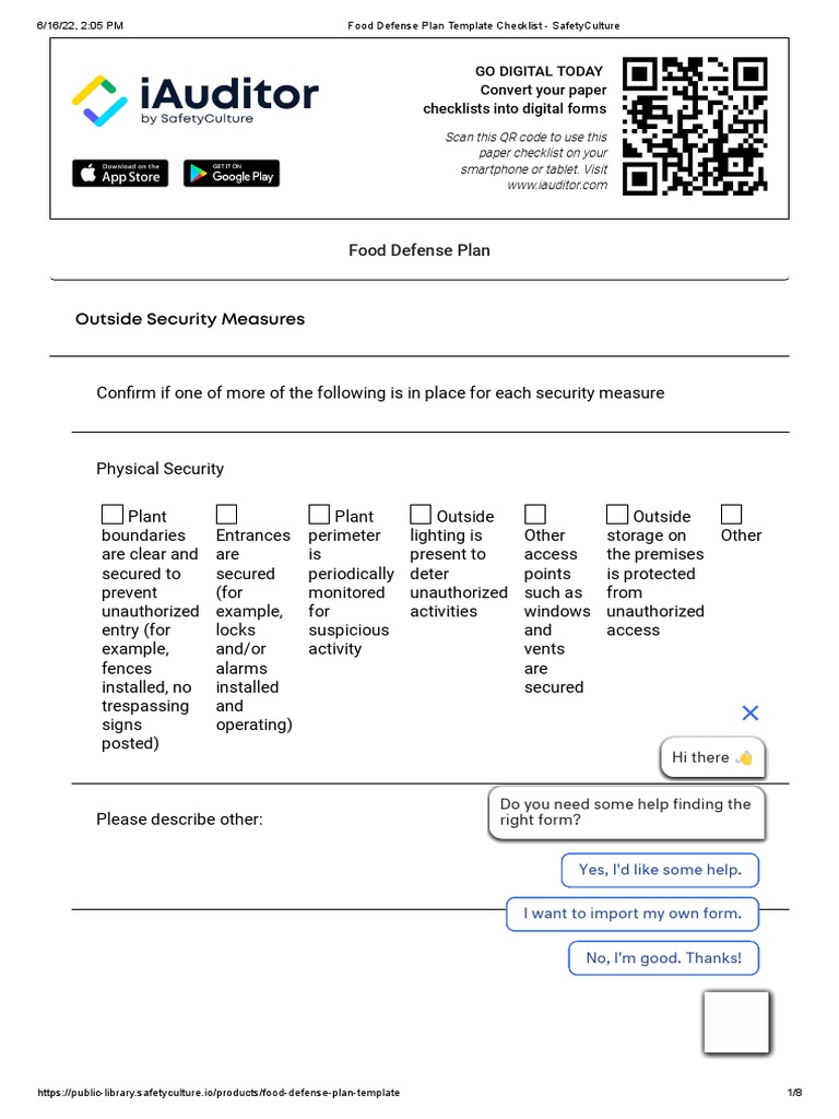 Food Defense Plan Template Checklist - SafetyCulture | PDF | Securities ...