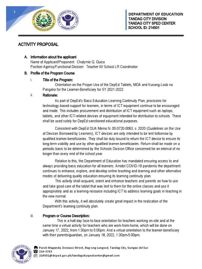 Activity Design For Orientation On The Proper Use of The DepE Tablet ...