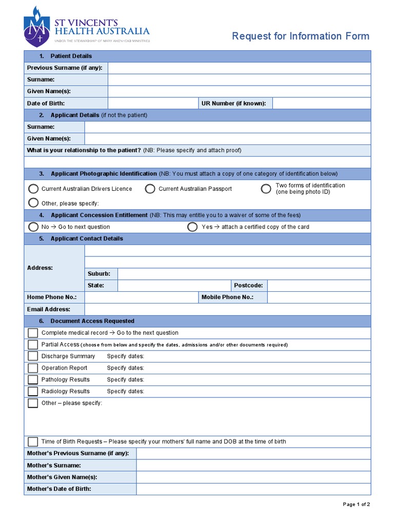 St Vincent's Medical Records Request Form | PDF | Identity Document ...