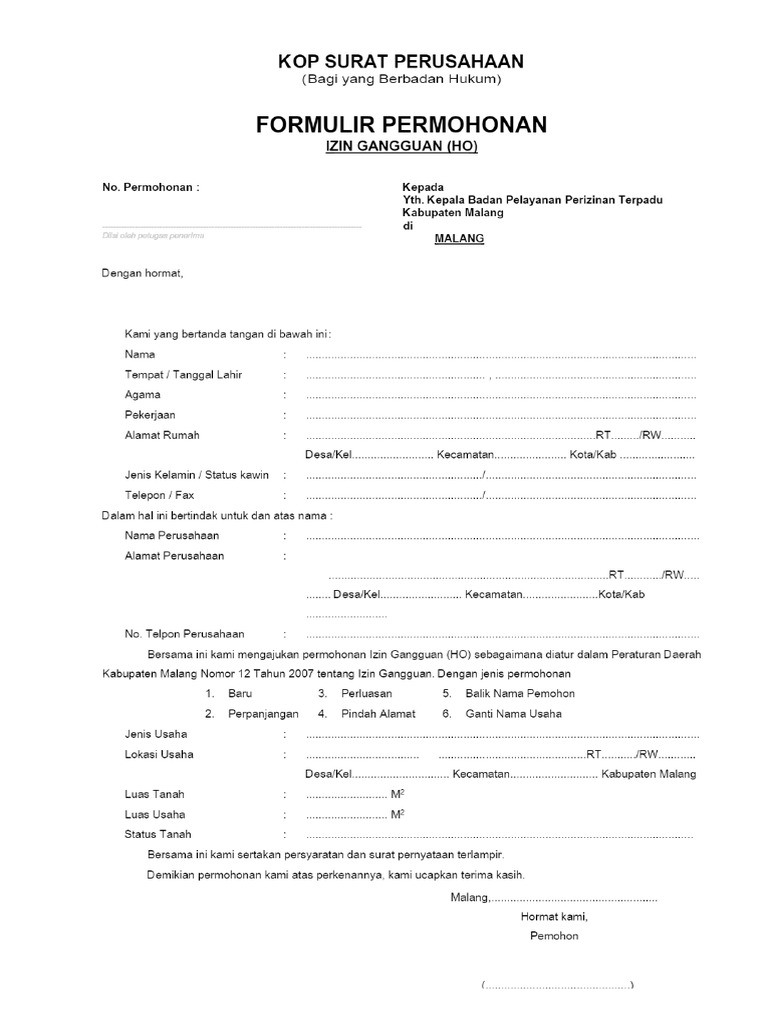 Formulir Permohonan Izin Gangguan (Ho) | PDF