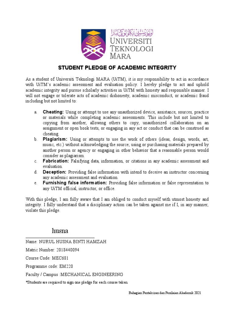 Student Pledge of Academic Integrity | PDF