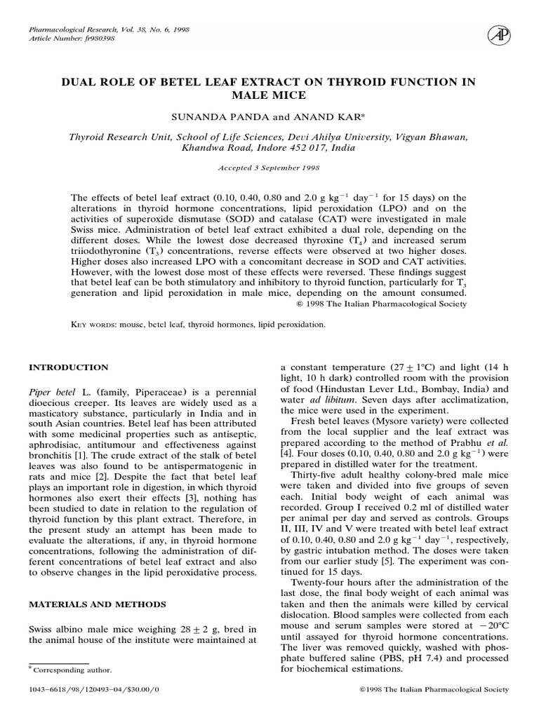 DUAL ROLE OF BETEL LEAF EXTRACT ON THYROID FUNCTION in Male Mice ...