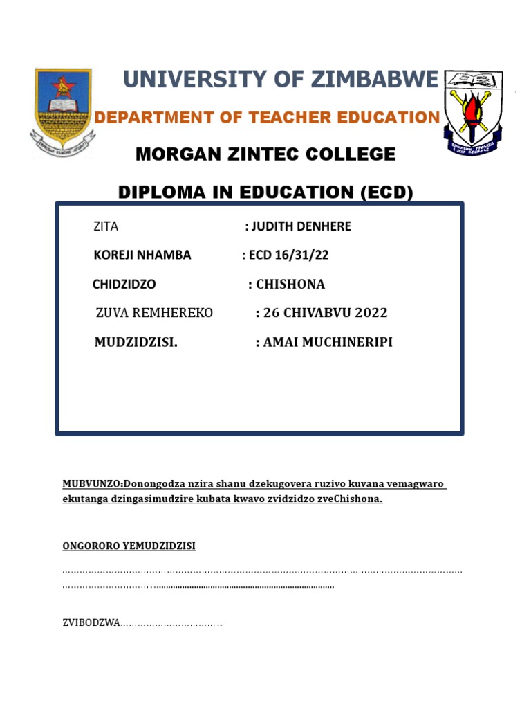 University of Zimbabwe: Morgan Zintec College Diploma in Education (Ecd ...