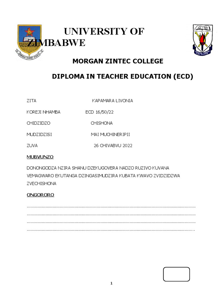 University of Zimbabwe: Morgan Zintec College Diploma in Teacher ...