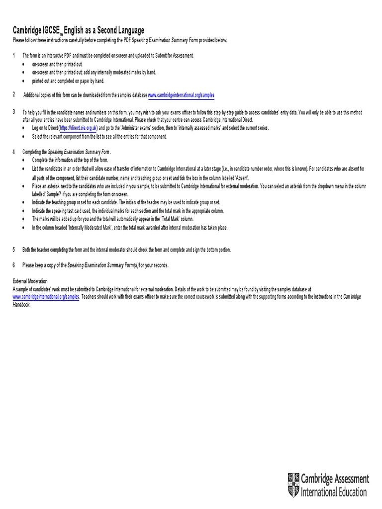 Cambridge IGCSE English As A Second Language: Speaking Examination ...