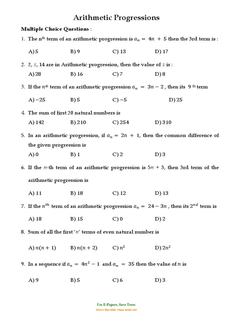 Arithmetic Progressions: Multiple Choice Questions | PDF | Circle ...