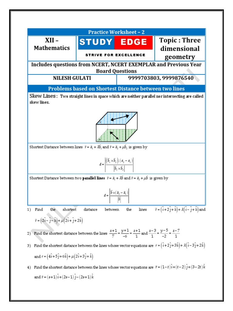 Shortest Distance in 3D Geometry | PDF | Line (Geometry) | Differential ...