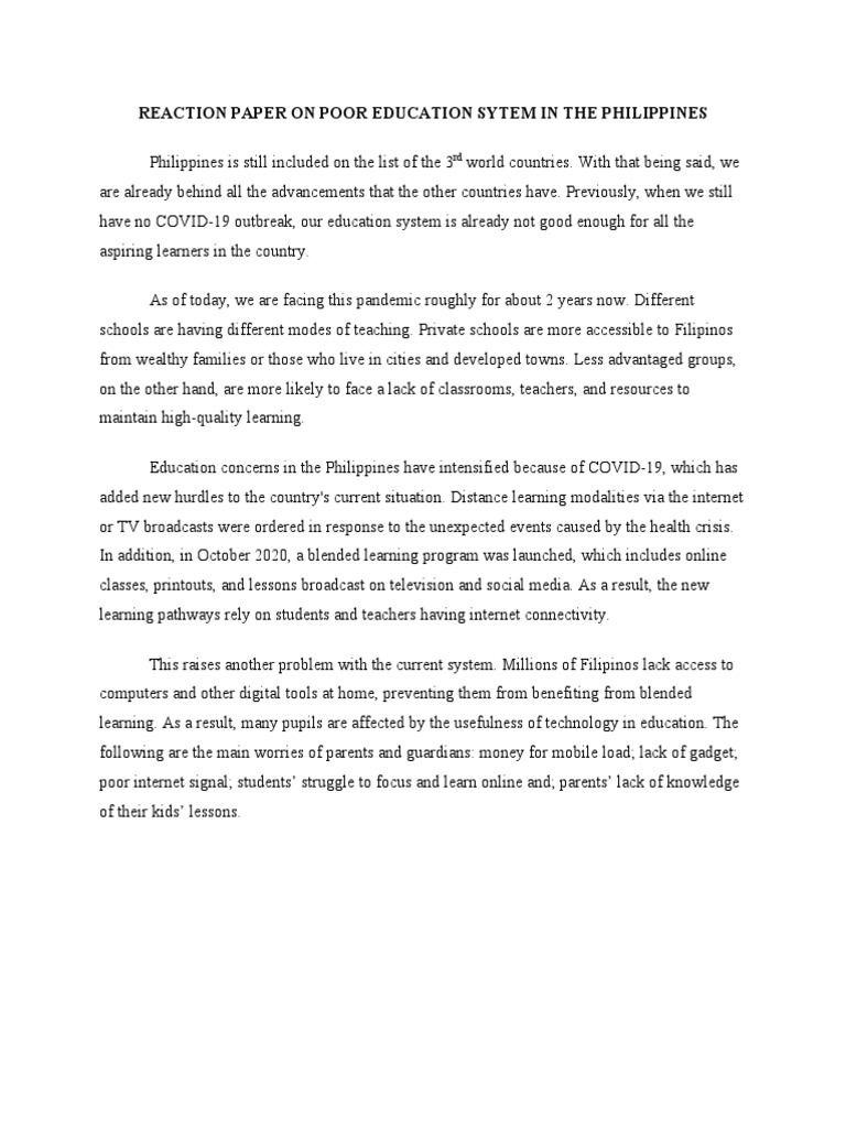 Reaction Paper On Poor Education Sytem in The Philippines | PDF