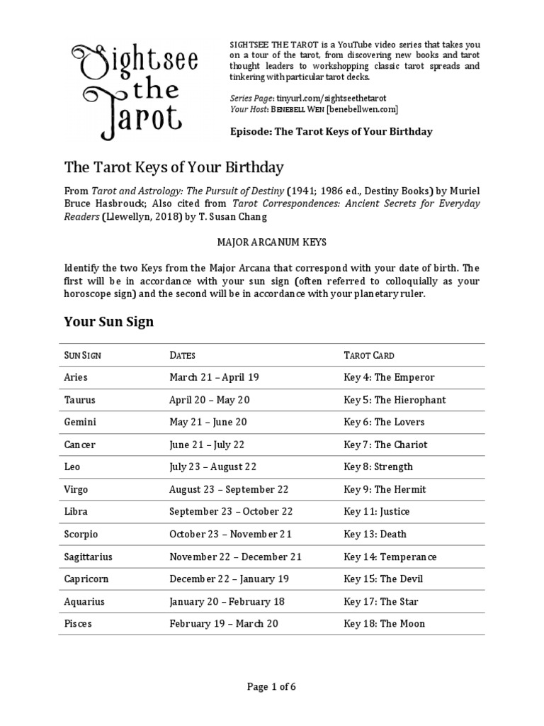 Sightsee The Tarot Hasbrouck Chang Handout Tarot and Your Birthday ...