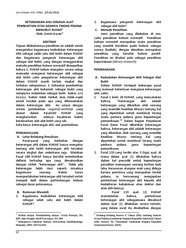 3417 ID Keterangan Ahli Sebagai Alat Pembuktian Atas Adanya Tindak Pidana Menurut Kuhap | PDF ...