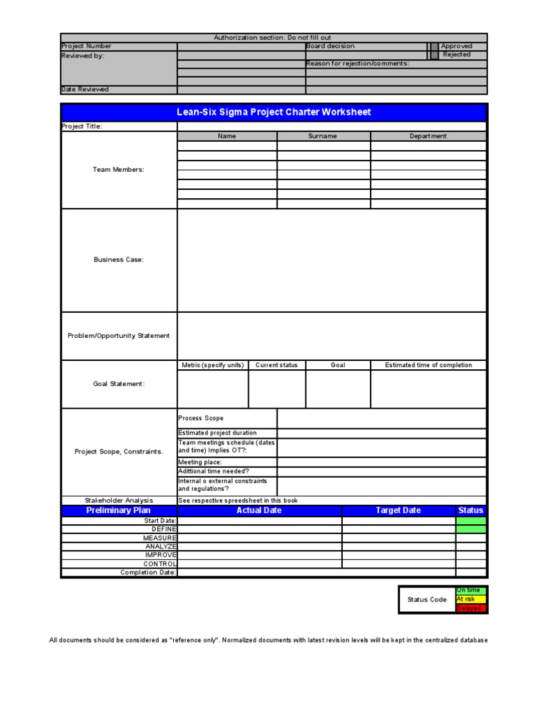 Lean-Six Sigma Project Charter Worksheet: Preliminary Plan Actual Date ...