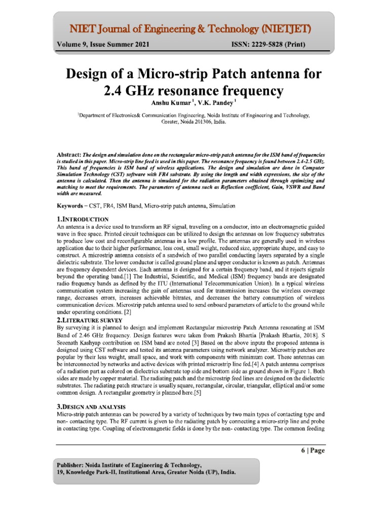 Design of A Micro-Strip Patch Antenna For 2.4 GHZ Resonance Frequency | PDF