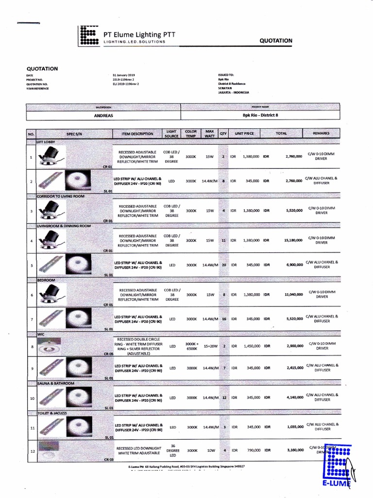 PT Elume Lighting PTT Quotation for LED Lighting Solutions | PDF