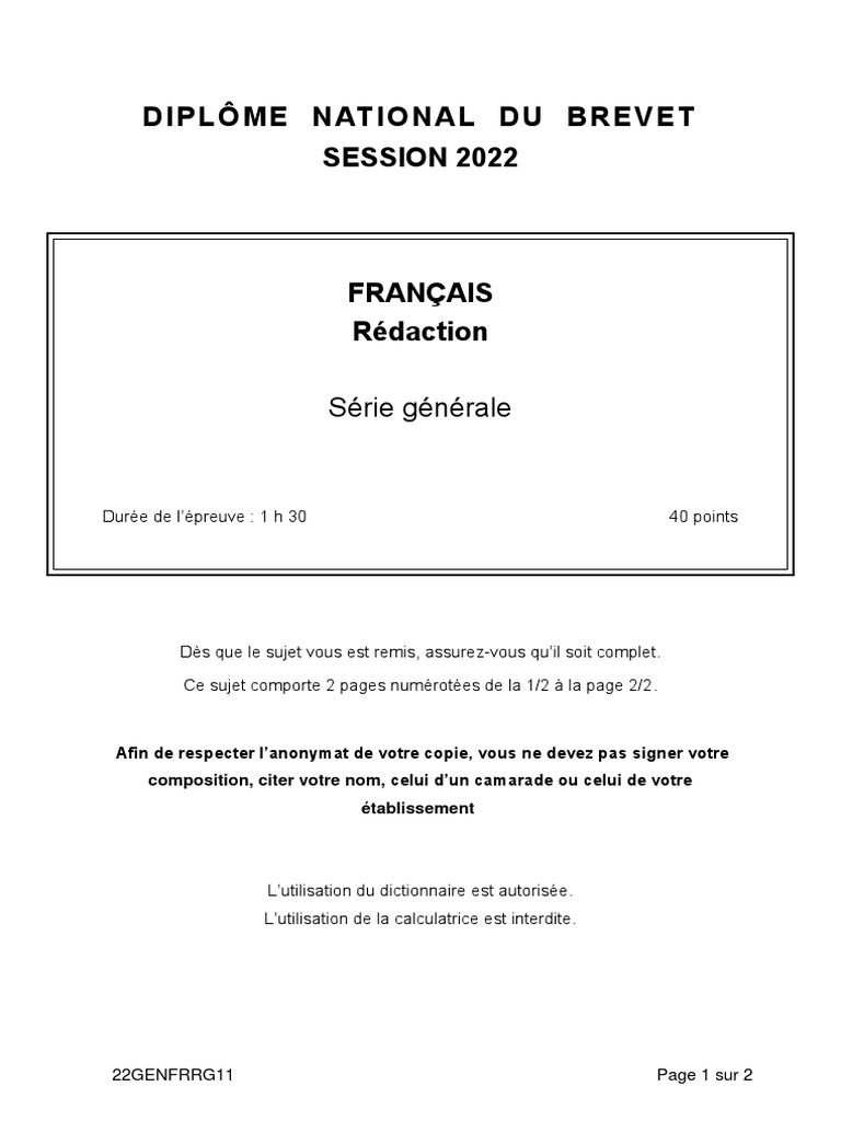 Rédaction Brevet Français 2022 | PDF