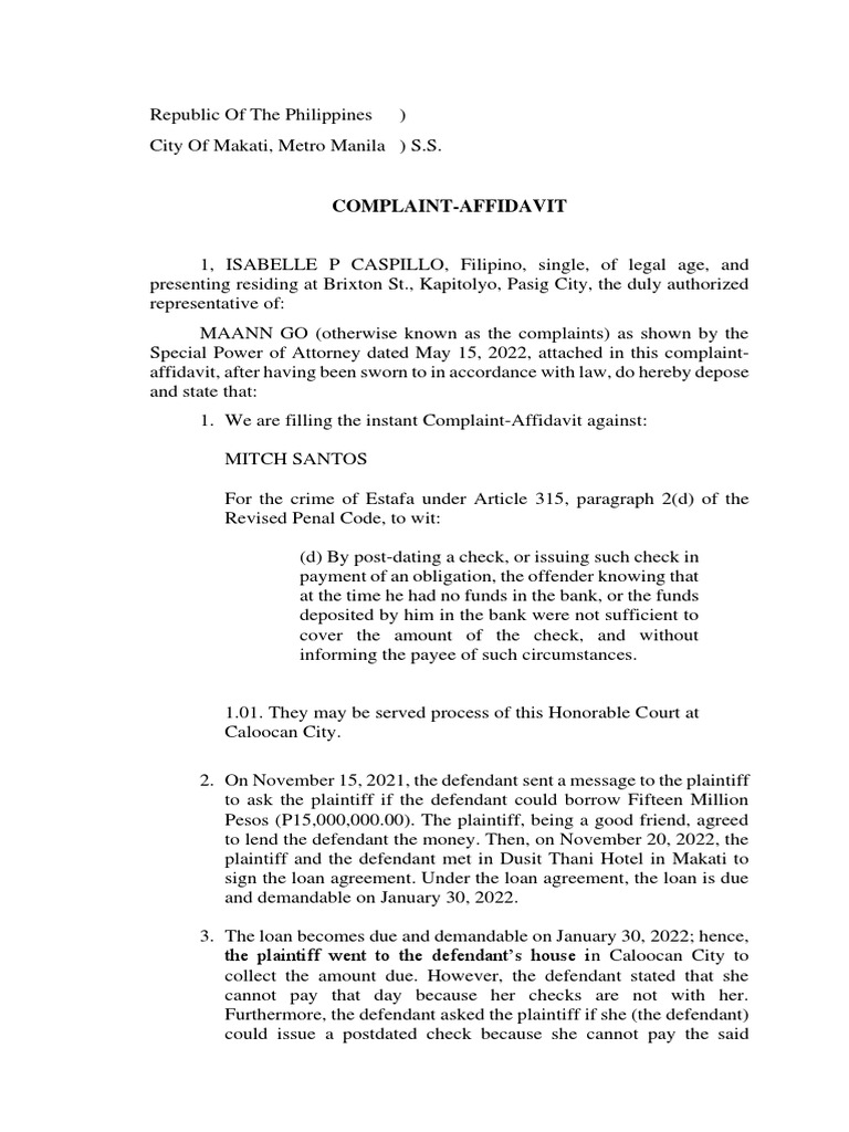 Complaint-Affidavit for Estafa Case | PDF | Fraud | Common Law