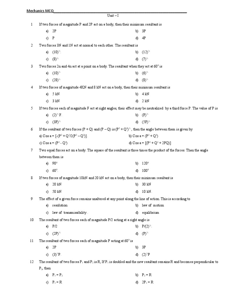 Mechanics Multiple Choice Questions Covering Forces, Resultants, and ...