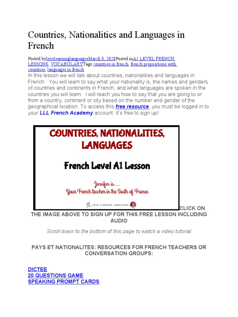 Countries, Nationalities and Languages in French: Free Resource LLL ...