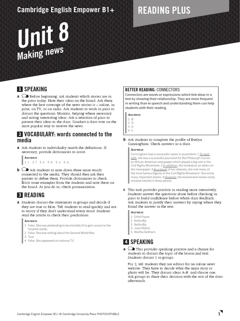 Cambridge English Empower Empower B1 Reading Plus Teacher U08 Worksheet ...