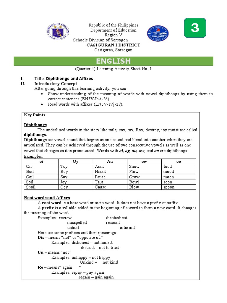 English: Diphthongs and Affixes | Download Free PDF | Word | Vowel