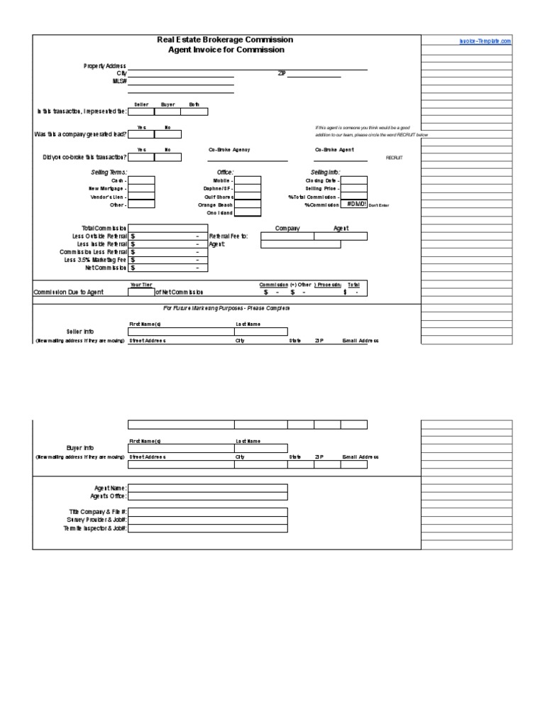 Real Estate Brokerage Commission Agent Invoice For Commission | PDF ...