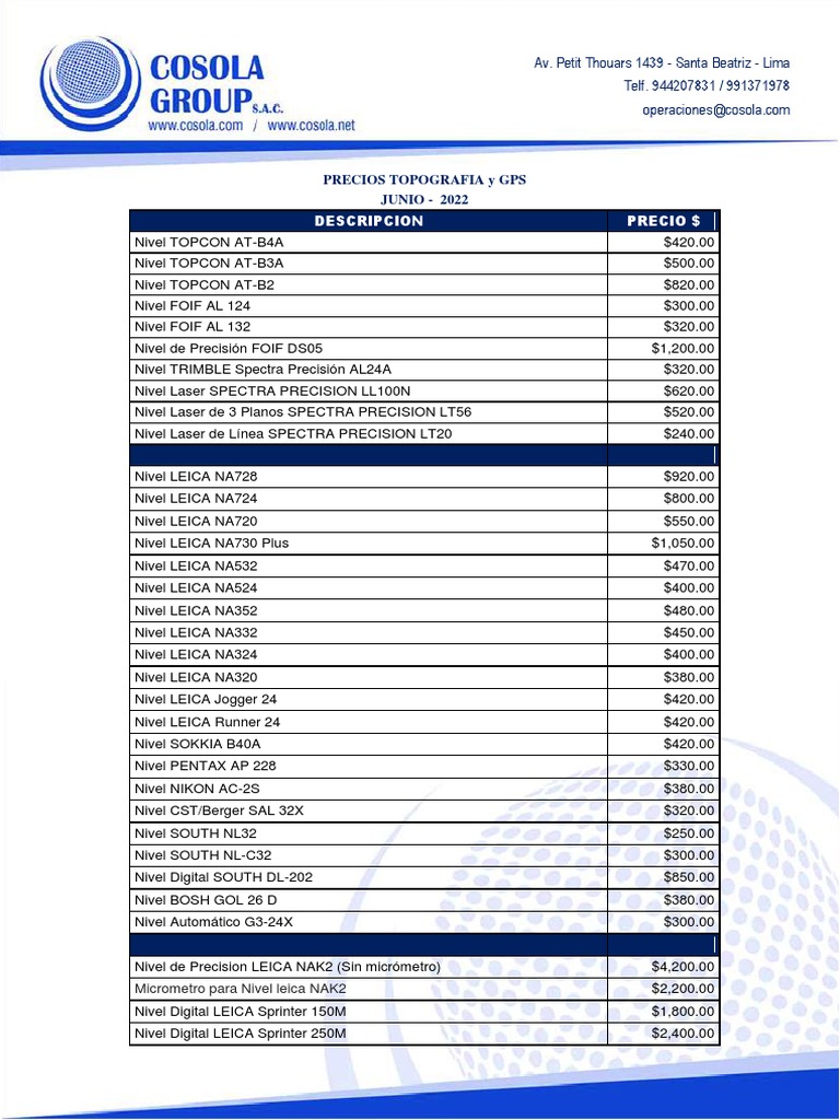 Lista de Precios TOPOGRAFIA y GPS - JUNIO | PDF | Equipo | Dispositivos ópticos