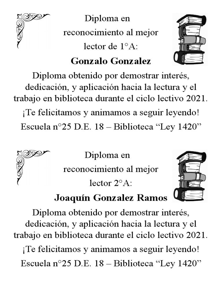 Diploma Mejor Lector | PDF