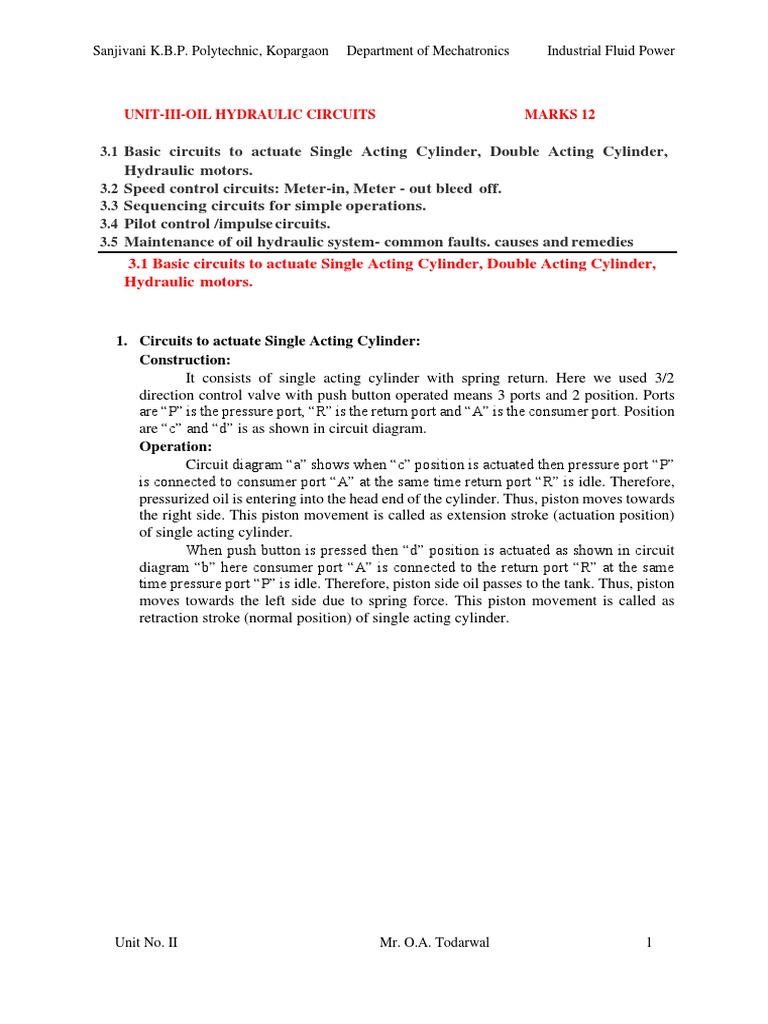 UNIT-III-Oil Hydraulic System & Its Componenets Marks 12 PDF | PDF | Valve | Piston
