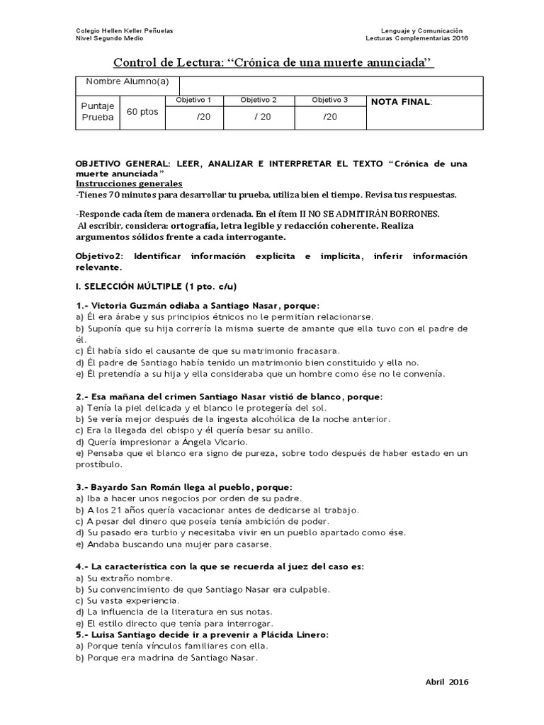 Control de Lectura: Crónica de una Muerte Anunciada | PDF | Historia ...