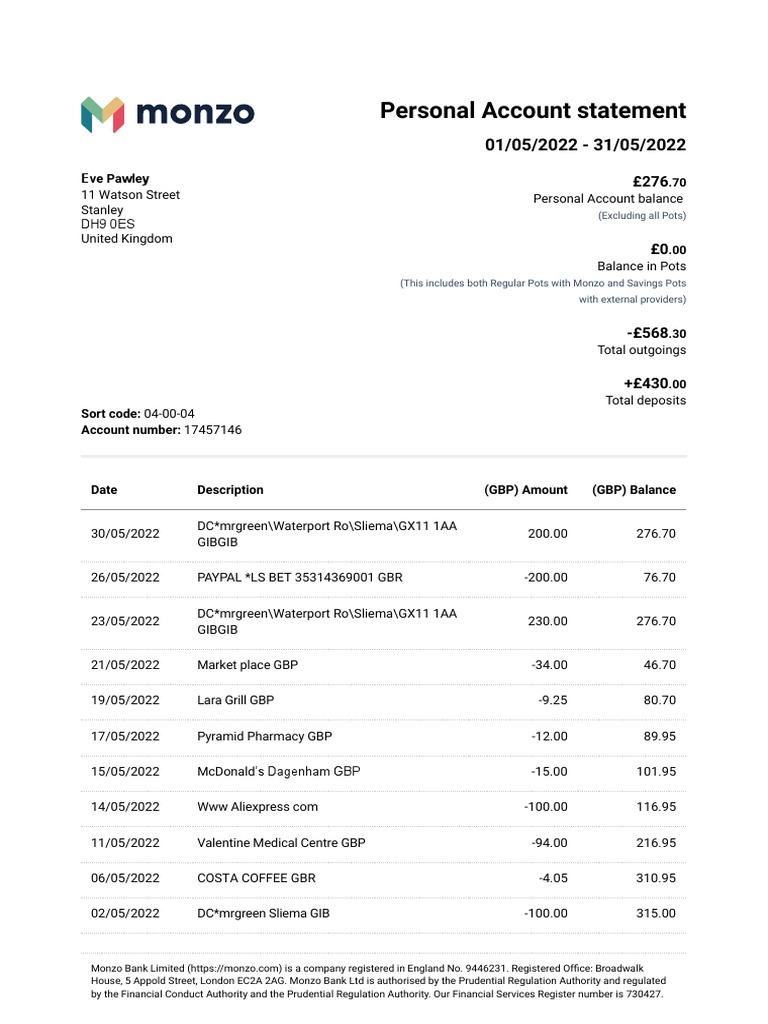 Monzo Bank Statement 2022 05 01-2022 05 31 5661 | PDF | Deposit Account ...