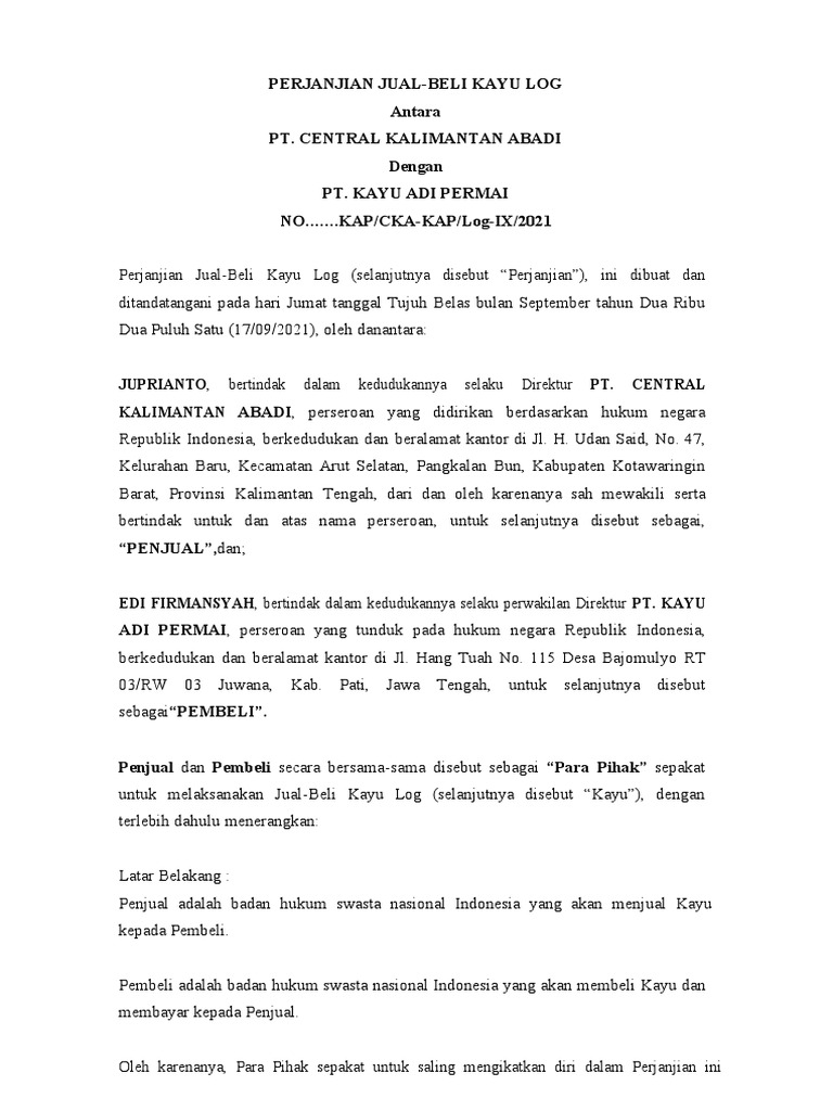 EDIT - Draft Kontrak Jual Beli Kayu Log Lama (PT CKA - PT KAP) Pembayaran Versi 2-Dikonversi | PDF