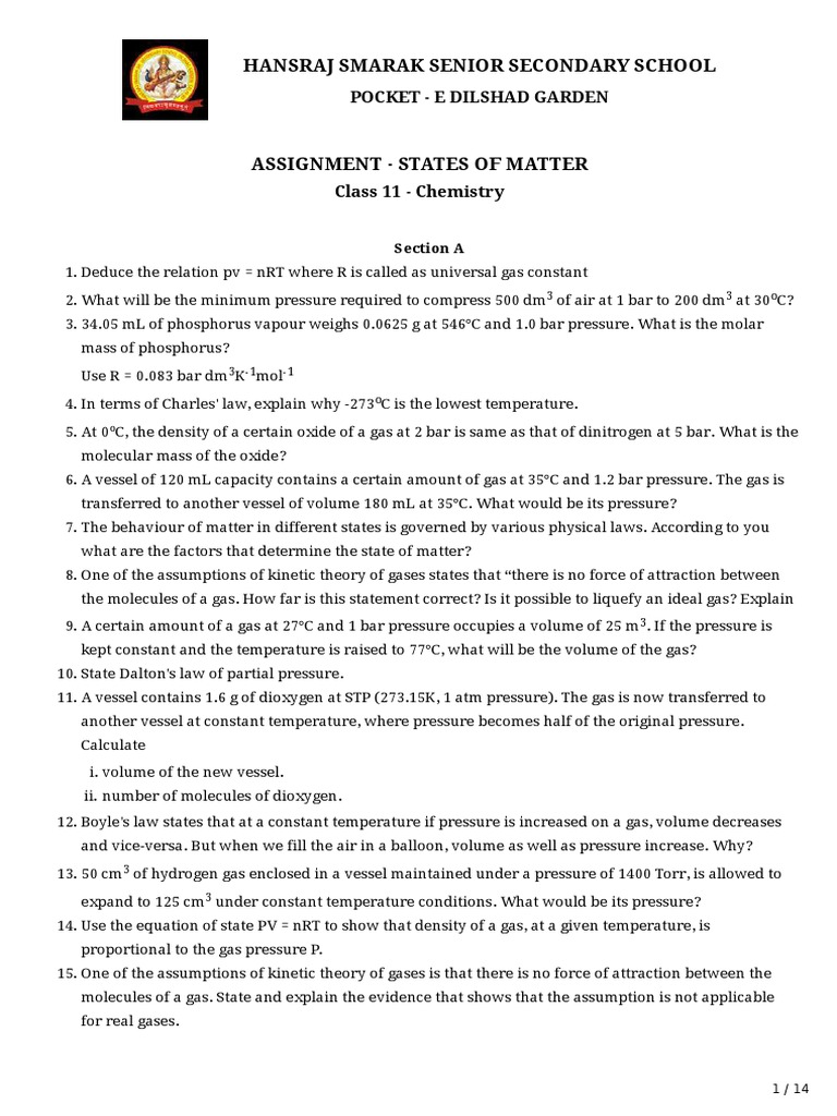 Class 11 Chemistry: States of Matter Assignment | PDF | Gases ...