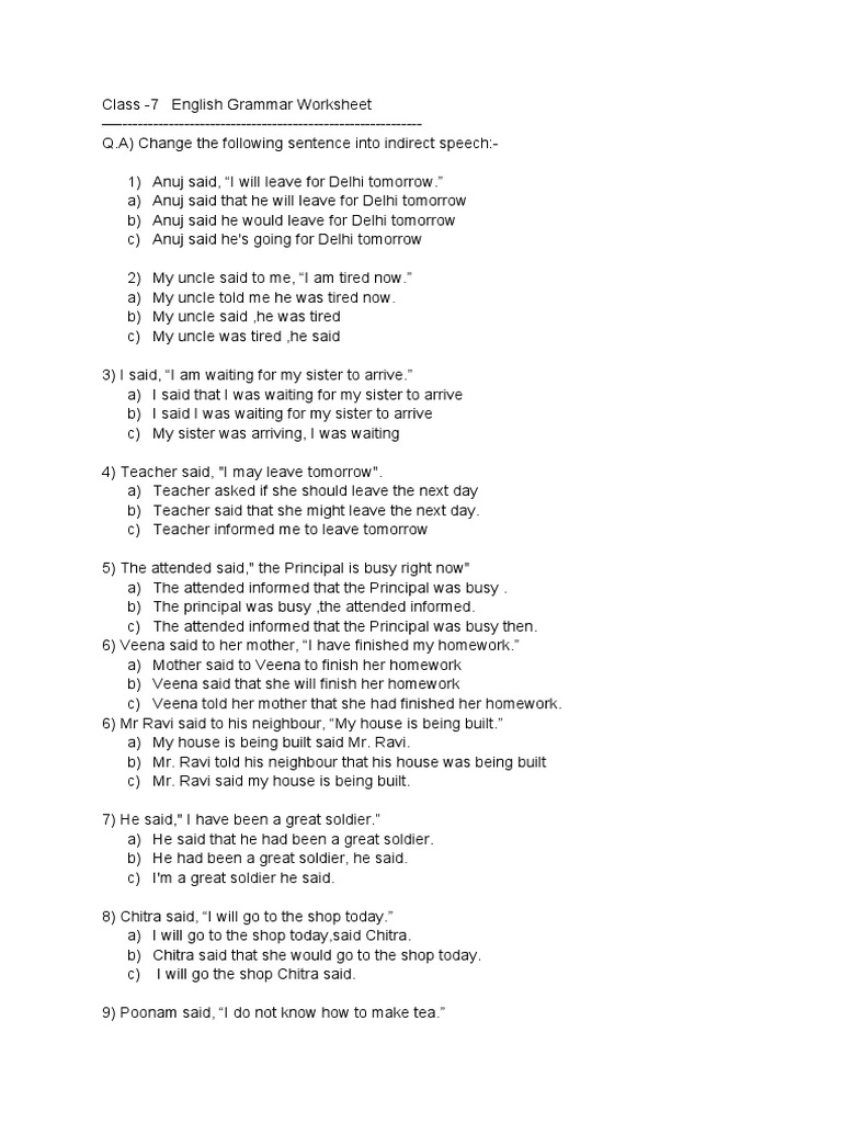 Class - 7 English Grammar Worksheet | PDF | Linguistics