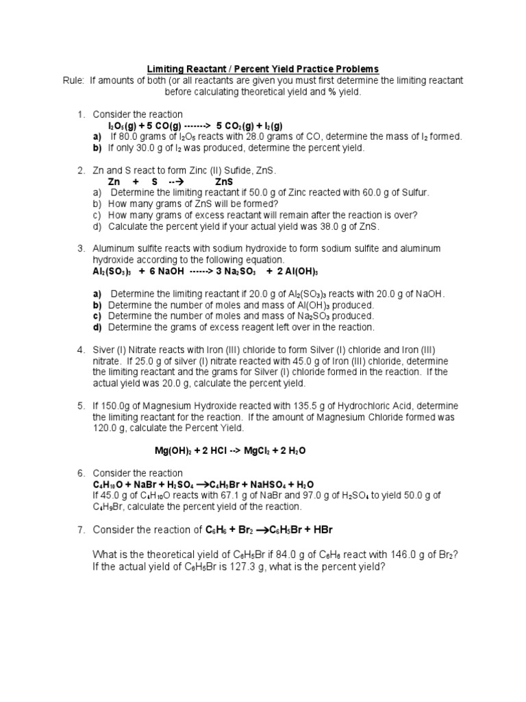 Homework 3A (Limiting Reactant and Percent Yield) - 1 | PDF | Zinc ...