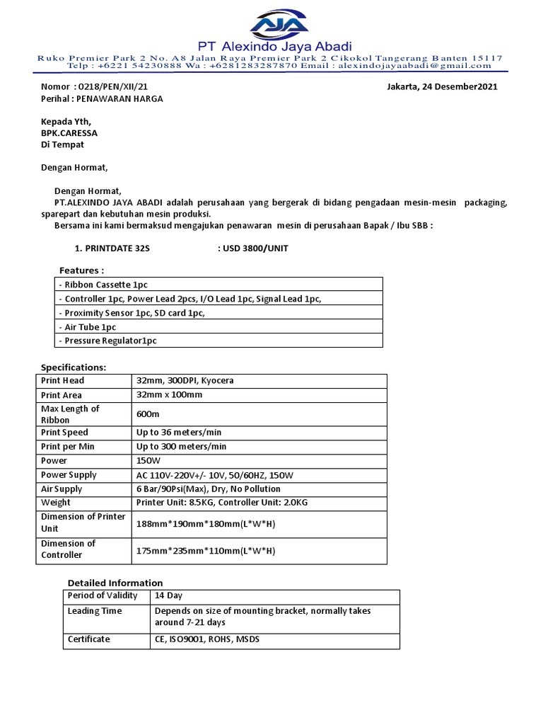 Penawaran 0218 Printdate 32S Utk Caressa | PDF | Electronics | Electrical Engineering
