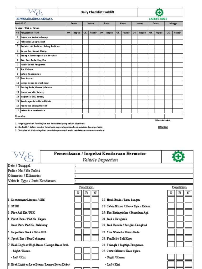 Data Checklist Forklift Dan Truck | PDF