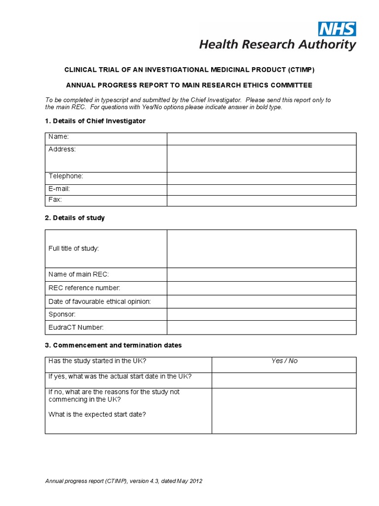 Clinical Trial of An Investigational Medicinal Product (Ctimp) Annual ...