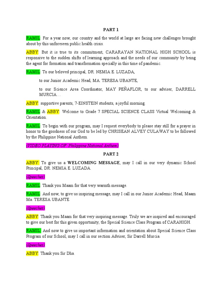 Grade7 Virtual Orientation SCRIPT | PDF