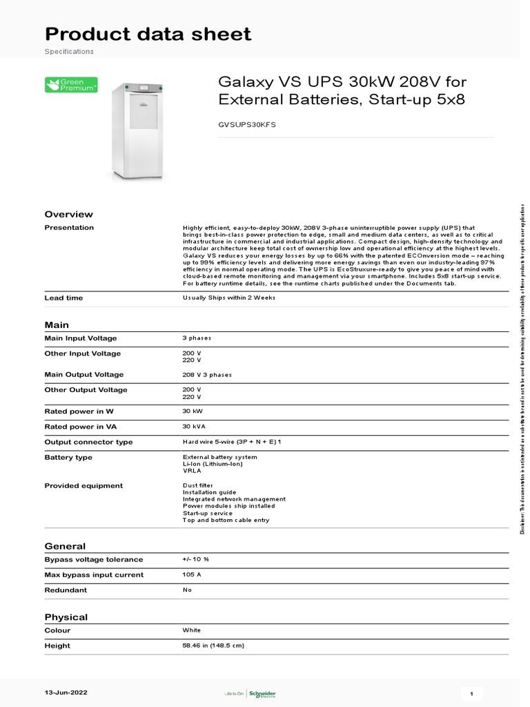 Product Data Sheet: Galaxy VS UPS 30kW 208V For External Batteries ...